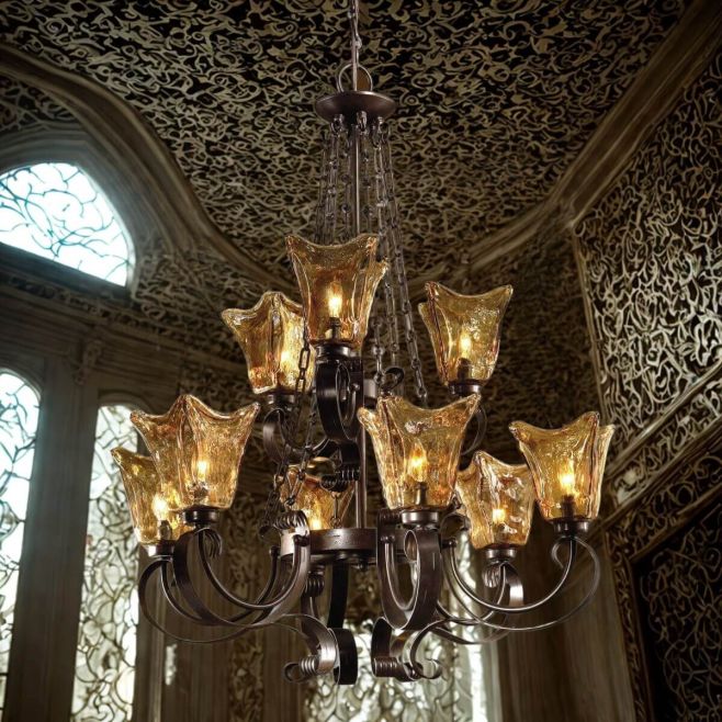 Amber Scroll 9 Light 31 Inch wide Art Glass Chandelier In Bronze - 239888
